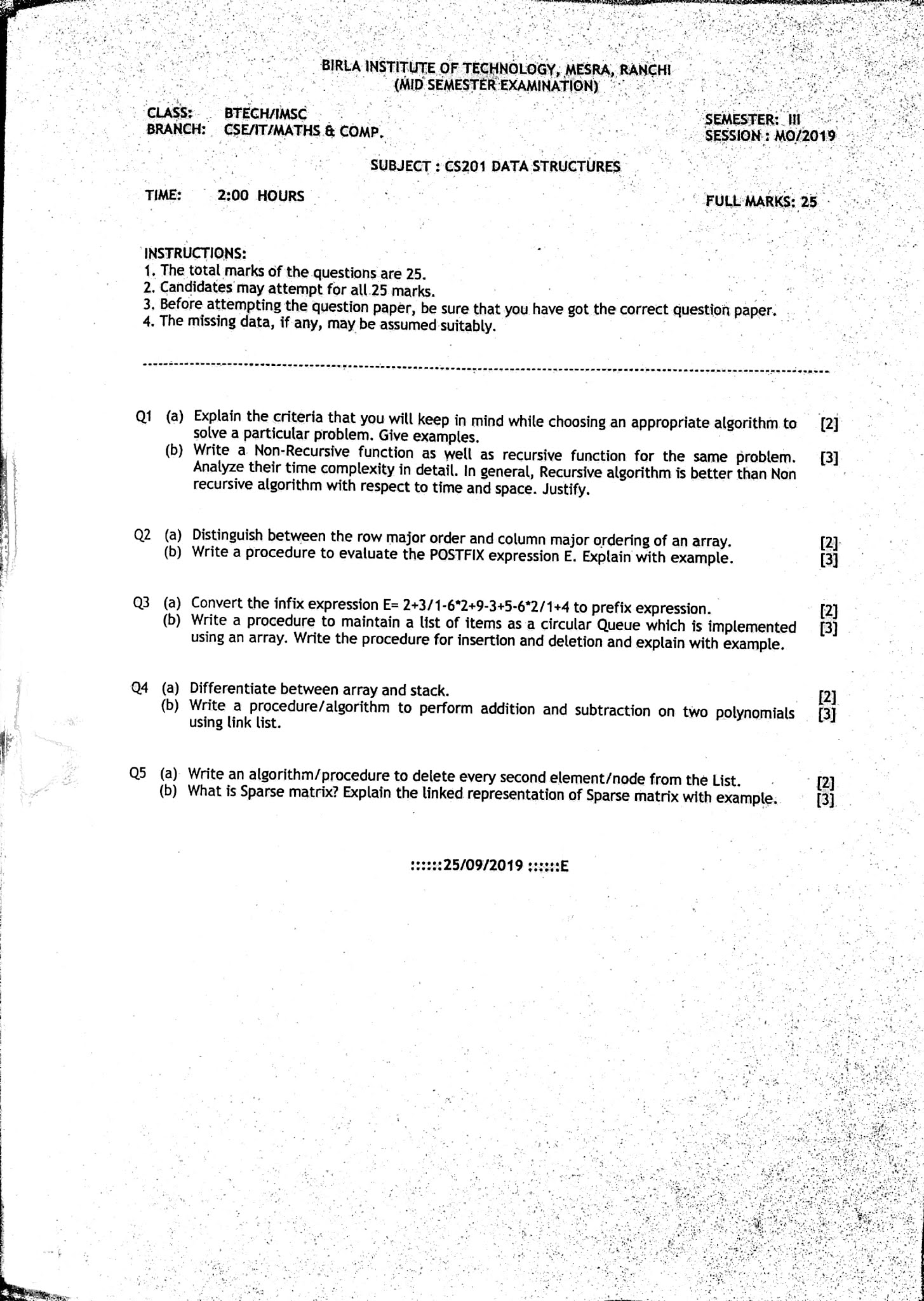 CS201 Data Structures BTECH bit mesra question paper