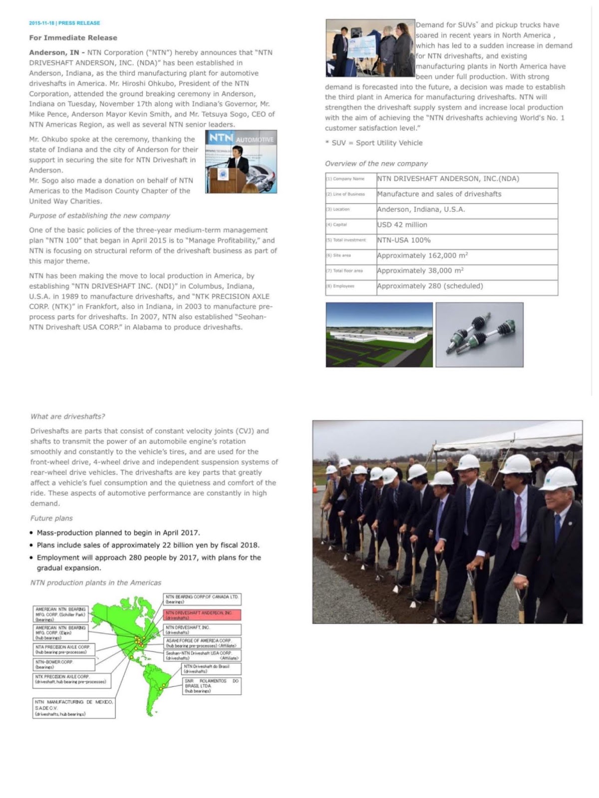 November 17, 2015: Groundbreaking Ceremony for NTN Driveshaft Anderson ...