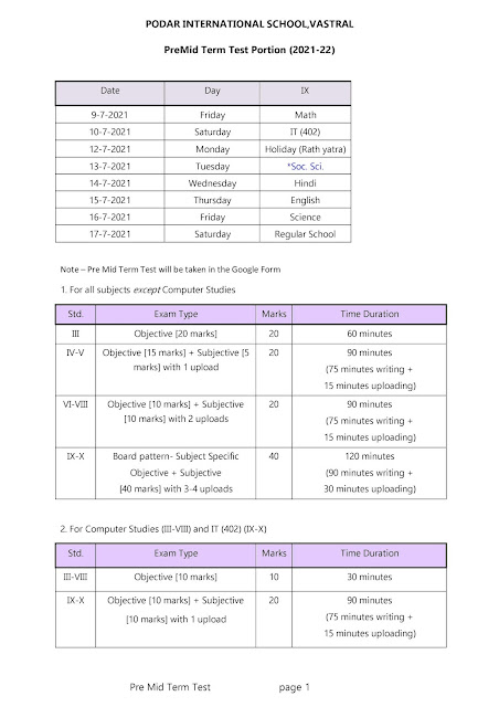 Grade 9 Pre Mid Term 2021 Exam Time Table