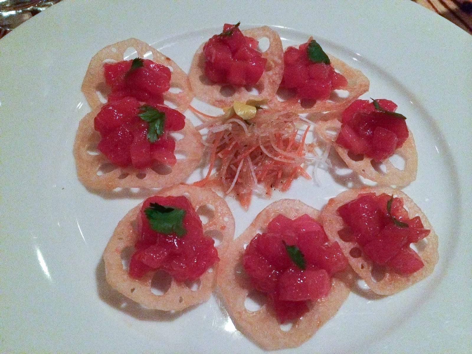 FOODjimoto: Spicy Sashimi with Umeboshi on Crispy Renkon