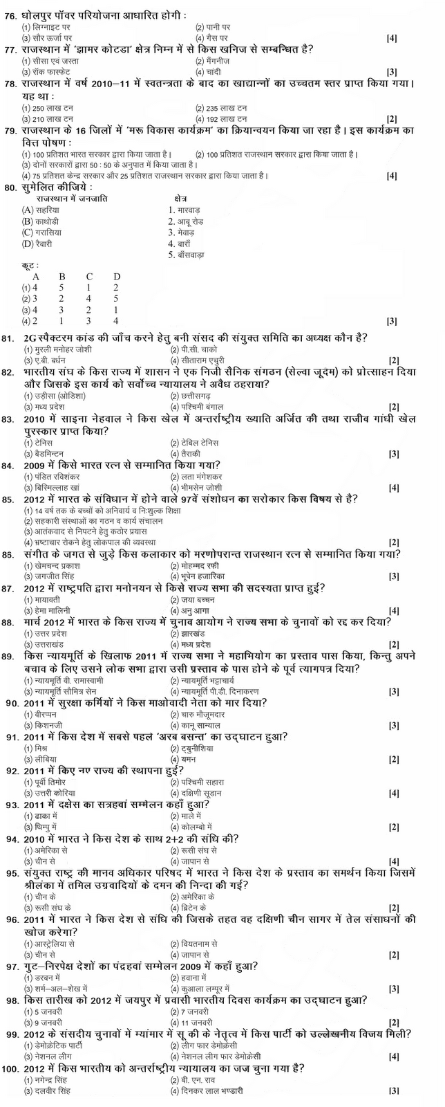 RAS GK and Gen. Science Answer Key -2012 | Latest Current Affairs and Gk
