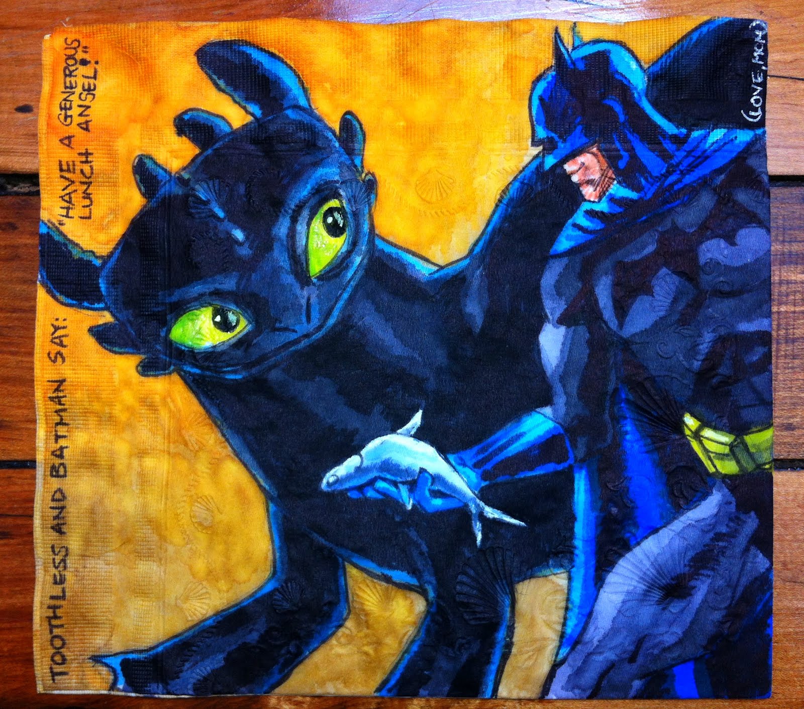 Daily Napkins: Batman Offers Toothless a Fish for Ansel