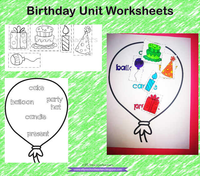 ESL/EFL Preschool Teachers: Birthday Unit Worksheets for Kindergarten ELL