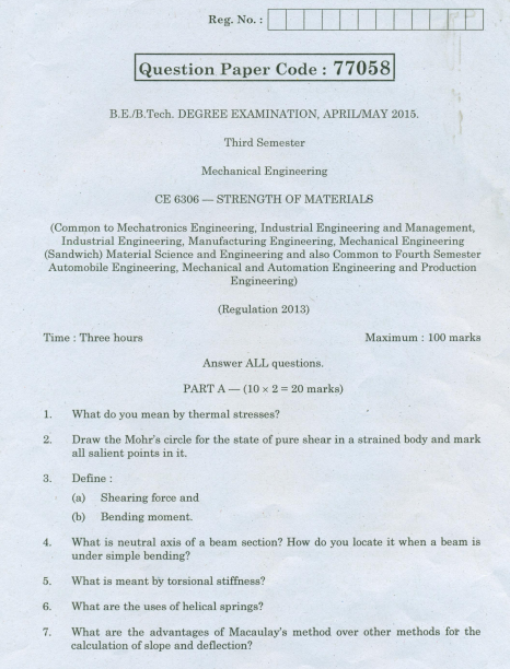 CE6306 Strength of Materials BE MECH April May 2015 Question Paper ...