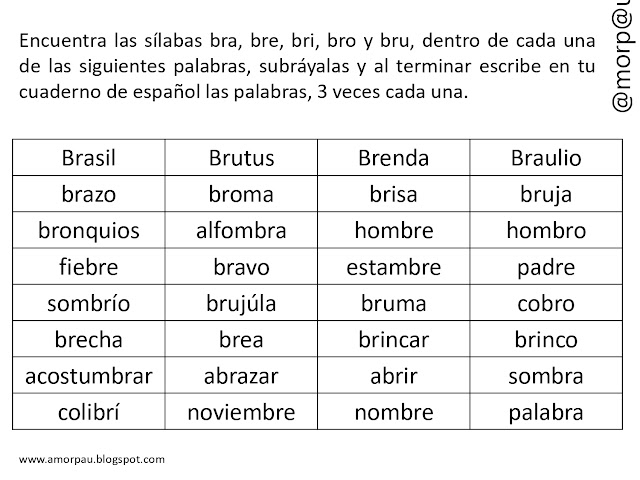 Cuadernillo de sílabas trabadas bra, bre, bri, bro y bru.