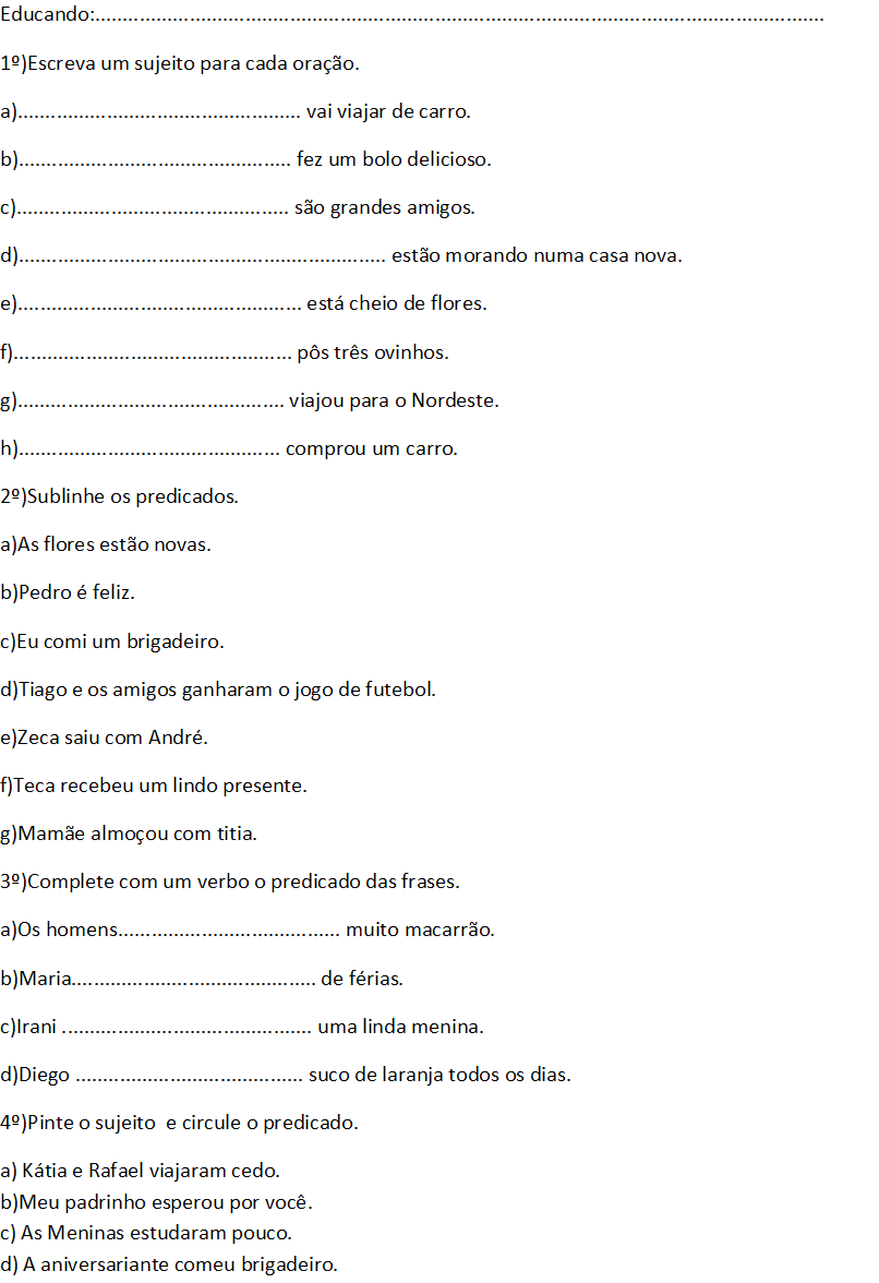 ATIVIDADE SUJEITO E PREDICADO ~ Atividades Escolares ATIVIDADE SUJEITO E PREDICADO ~ Atividades Escolares