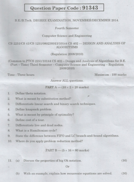 Be Cse Cs2251 Design And Analysis Of Algorithms Nov Dec 2014 Question