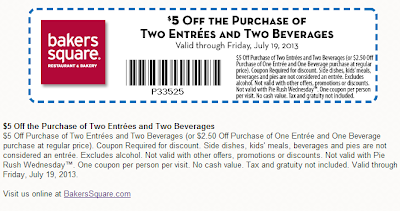 Bakers Square - $5 Off Two Entrees and Beverages Printable Coupon