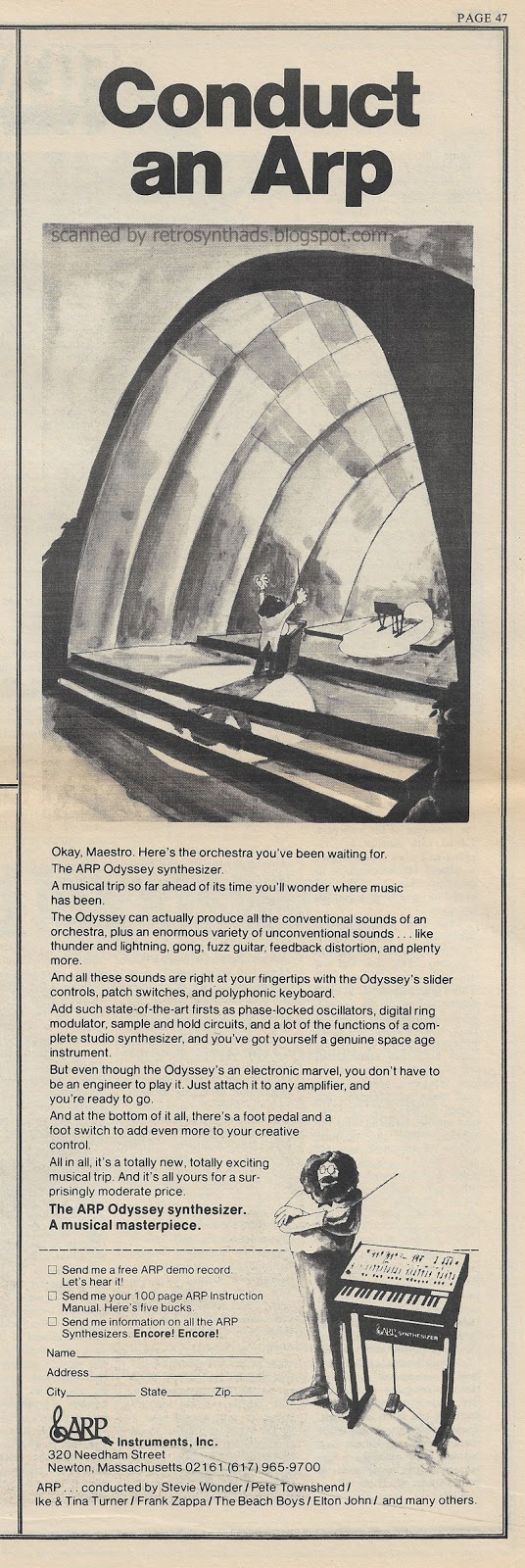 Retro Synth Ads: ARP Odyssey "Conduct an Arp" ad, Rolling Stone 1973