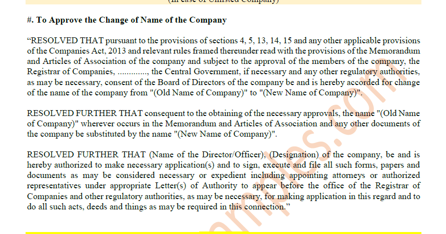 Board Resolution for Change of Name of the Company (Format)