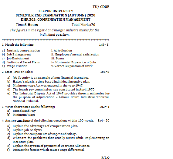 TEZPUR UNIVERSITY (TU/CDOE) AUTUMN SEMESTER END DHR 203 : COMPENSATION ...