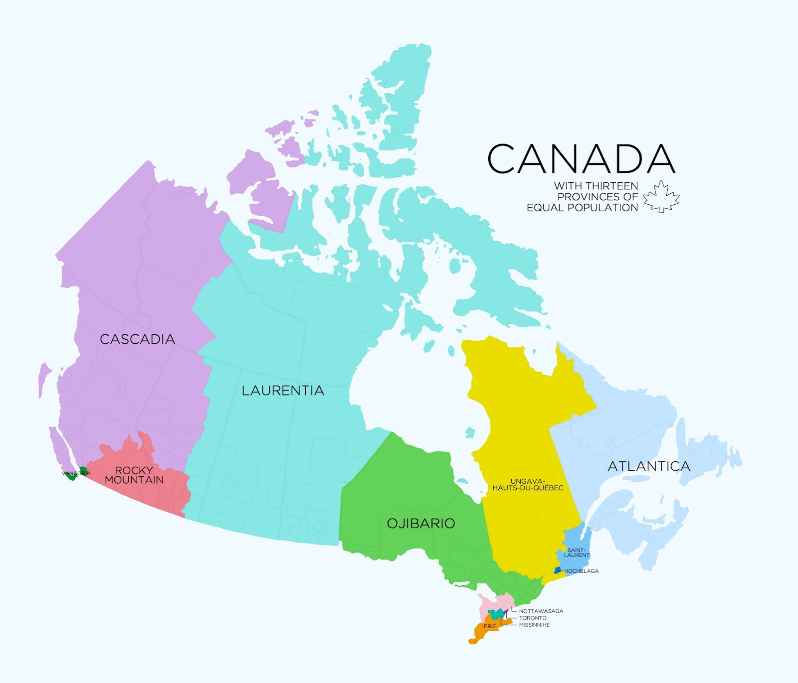 Canada with thirteen provinces of equal population - Vivid Maps
