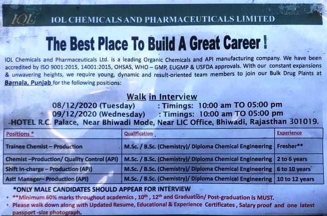 IOL Chemicals & Pharmaceuticals Ltd - Walk-In Interviews for Freshers ...