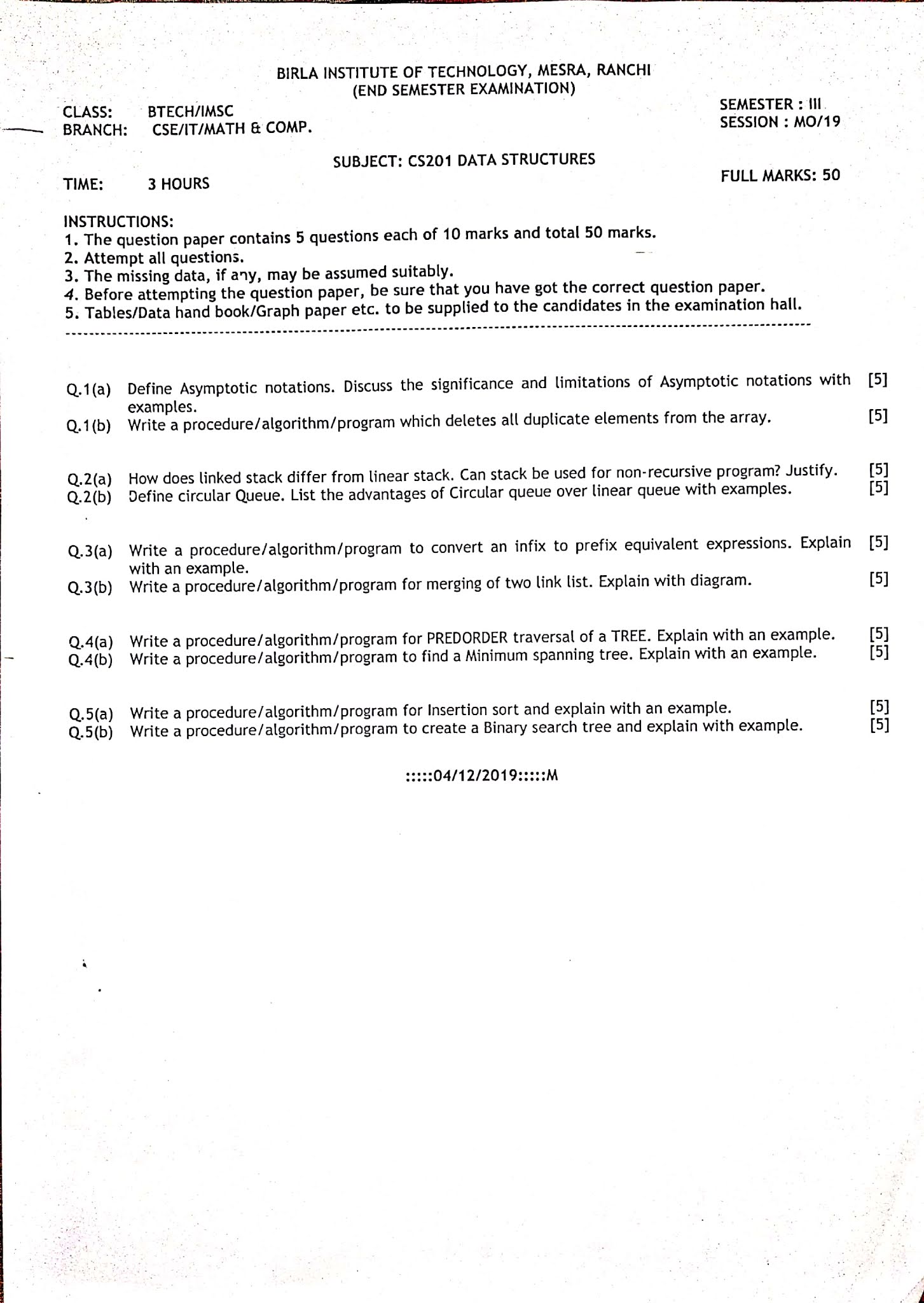 CS201 Data Structures BTECH bit mesra question paper
