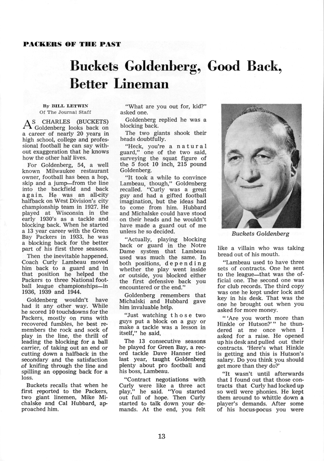 PACKERVILLE, U.S.A.: From the Past — “Buckets” Goldenberg