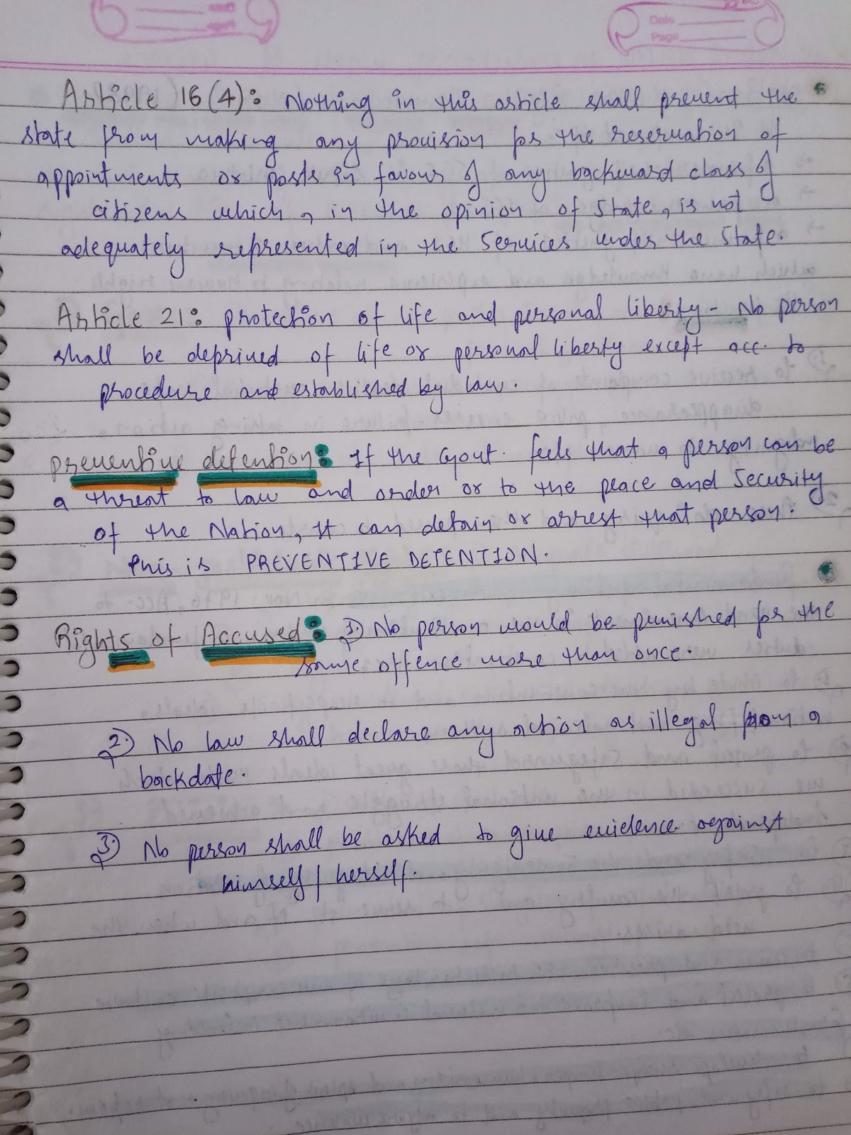 Handwritten Notes of RIGHTS IN THE INDIAN CONSTITUTION - Political ...