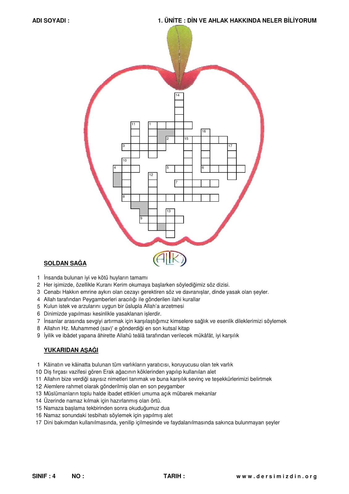 DinDersiOyun.com: 4. Sinif 1. Unite Bulmacalar Etkinlikler (Yazdirilabilir)