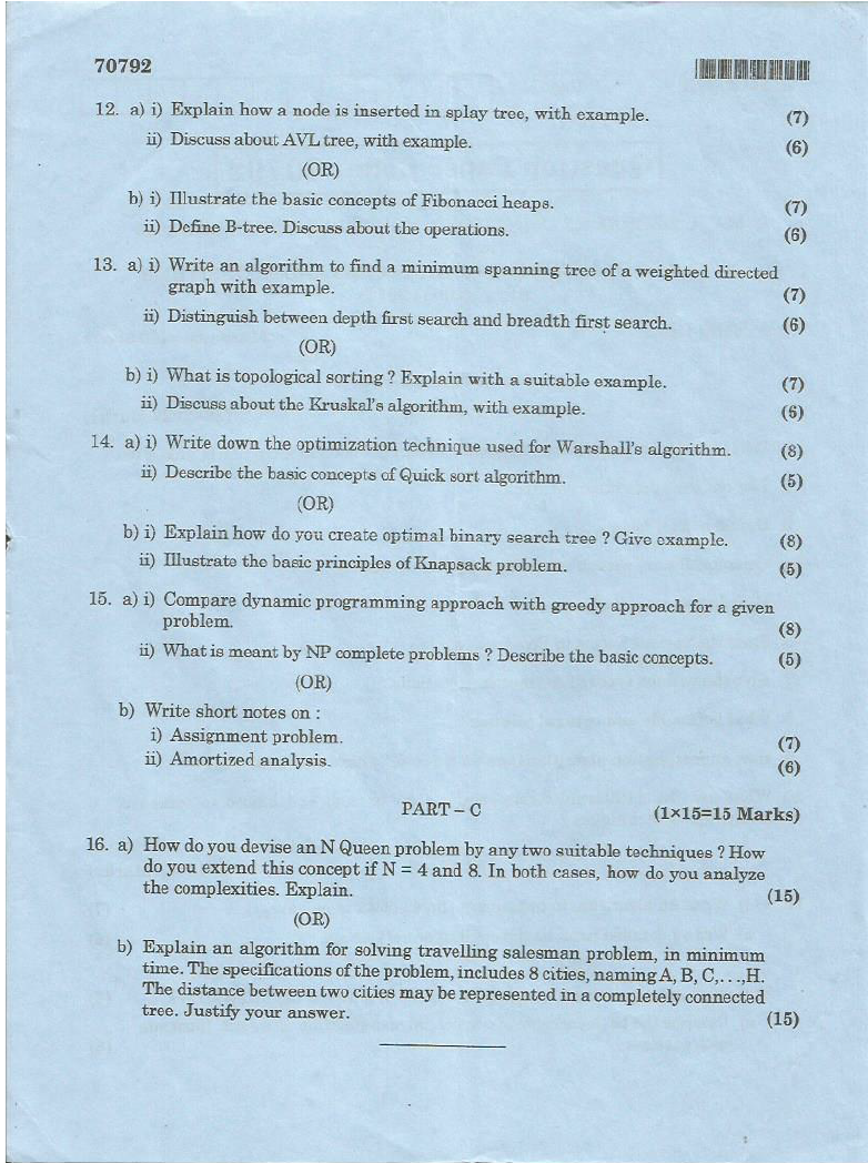Anna University Mc 5301 Advanced Data Structures And Algorithms November December 2019 Question