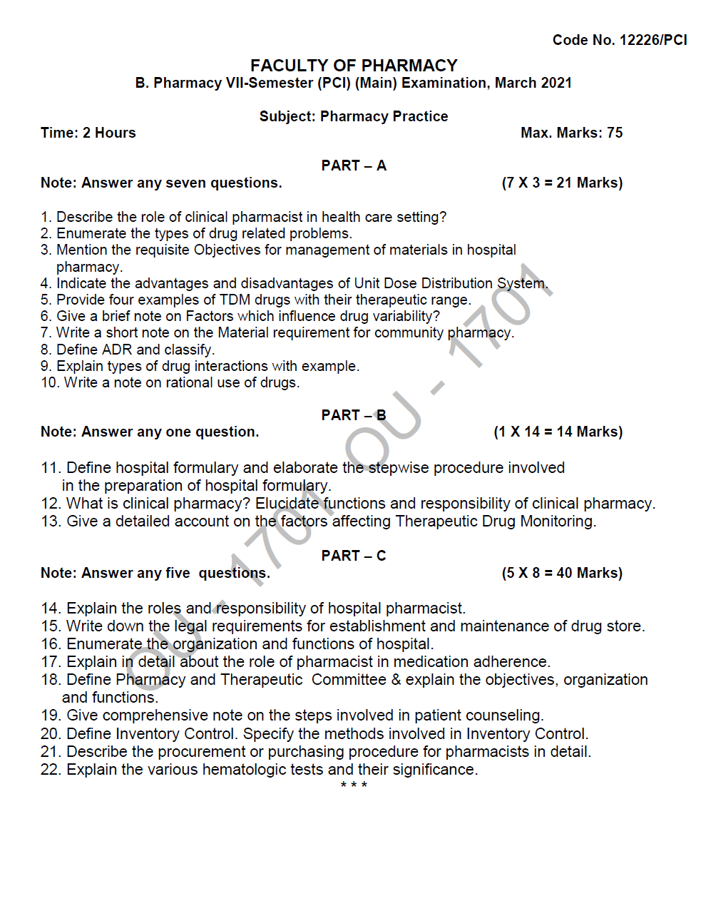 Osmania University B. Pharmacy VII-Semester (PCI) (Main) Subject ...