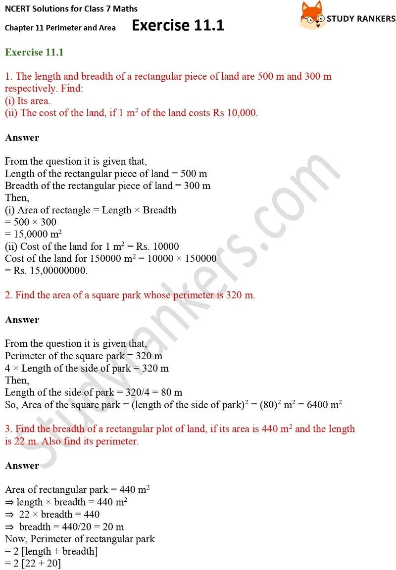 NCERT Solutions for Class 7 Maths Ch 11 Perimeter and Area Exercise 11.1