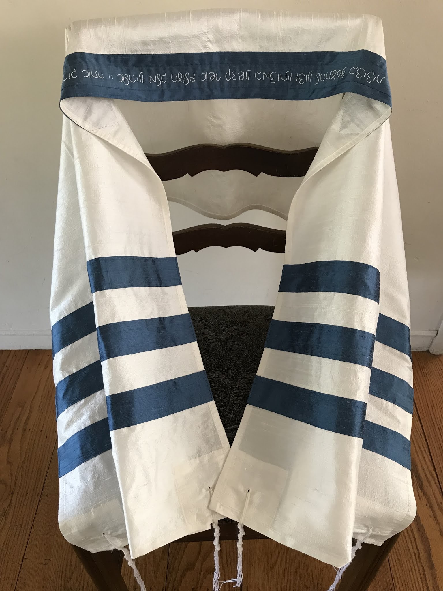Custom Tallit: Blue and white silk tallit