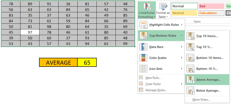 Conditional Formatting:Highlighting Above Average and Below Average Values