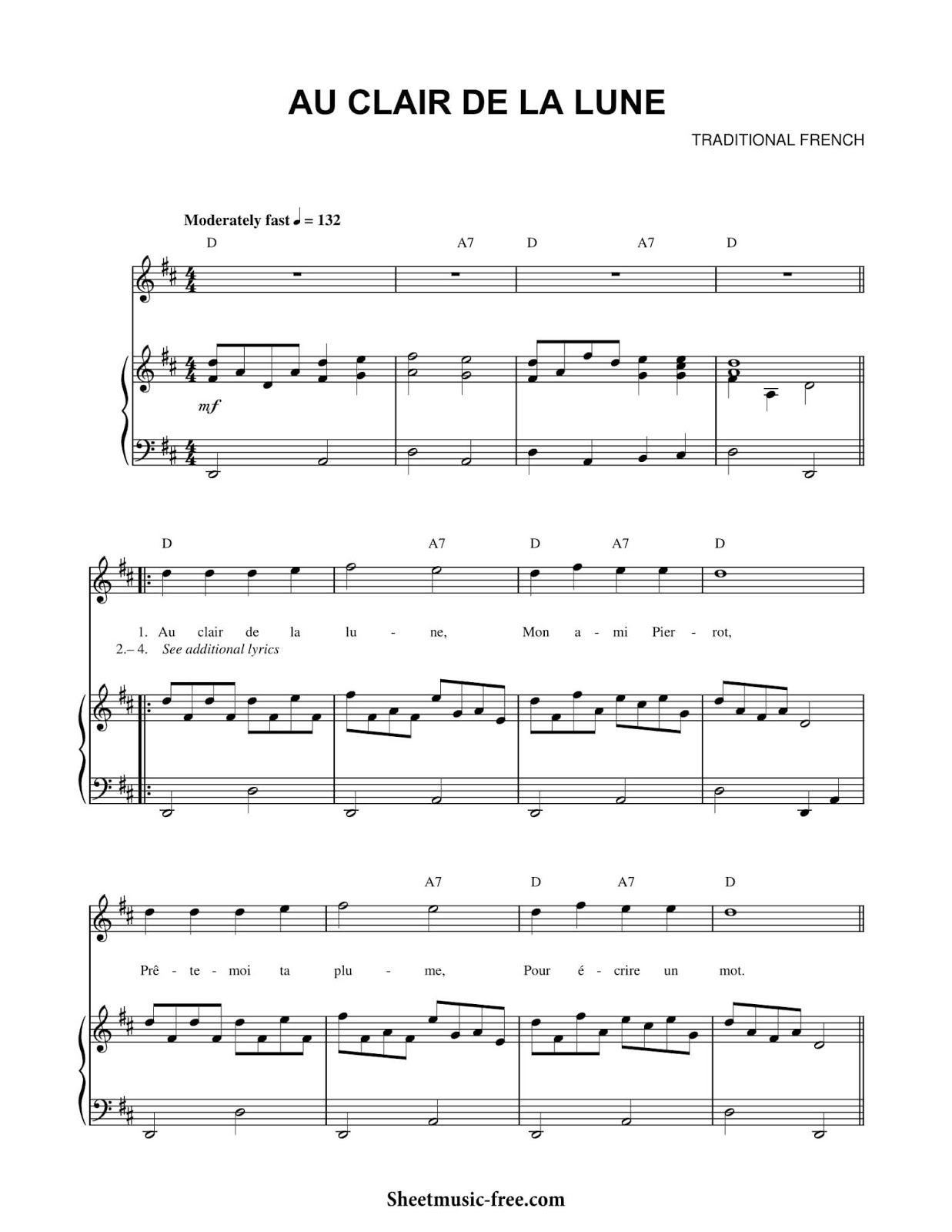 SHEET MUSIC FREE - Sheet PIANO FOR YOU ~ Au Clair de la Lune Sheet ...
