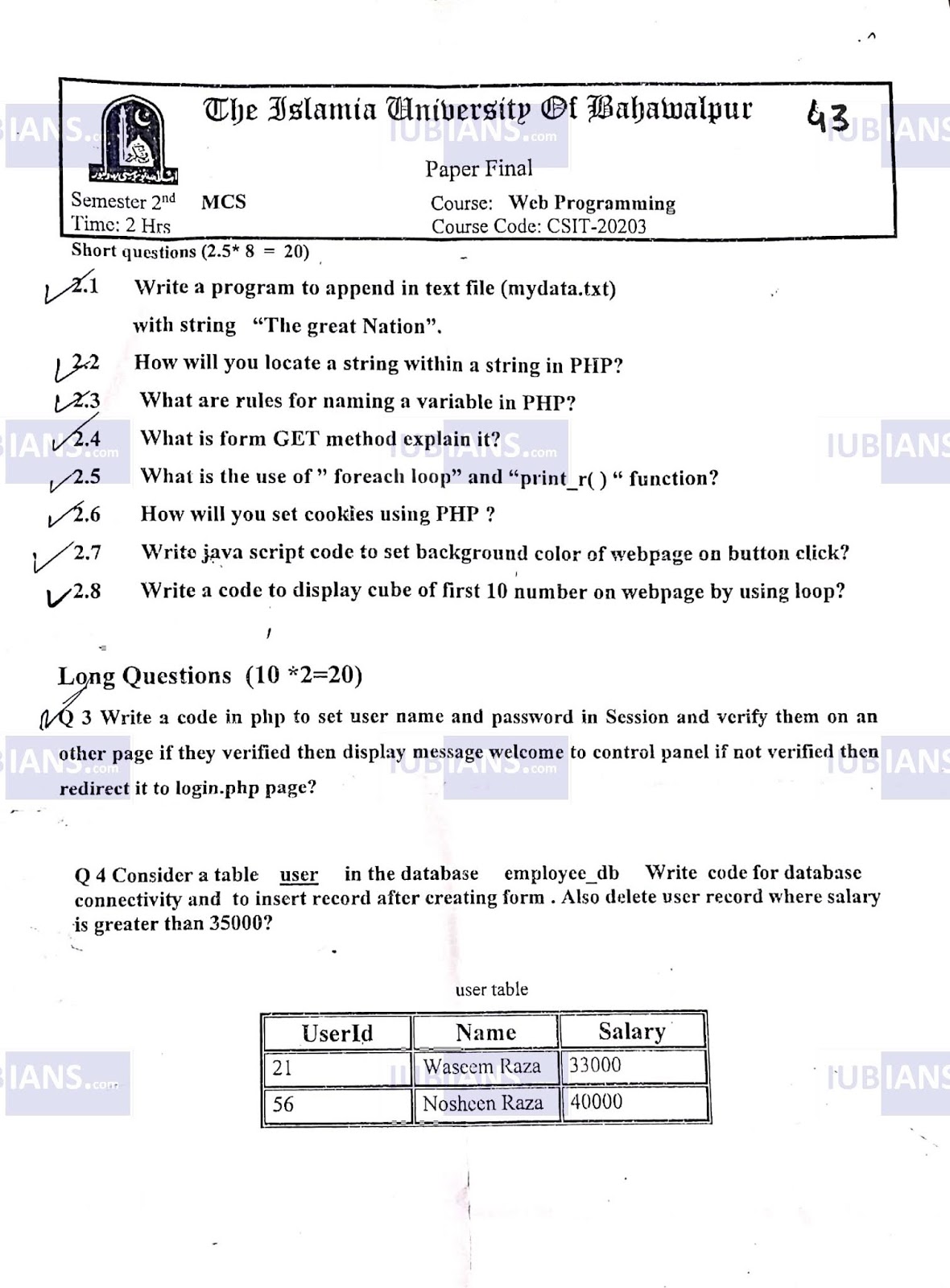 Web Programming 2nd Semester Mcs Iub Past Papers 2018 20