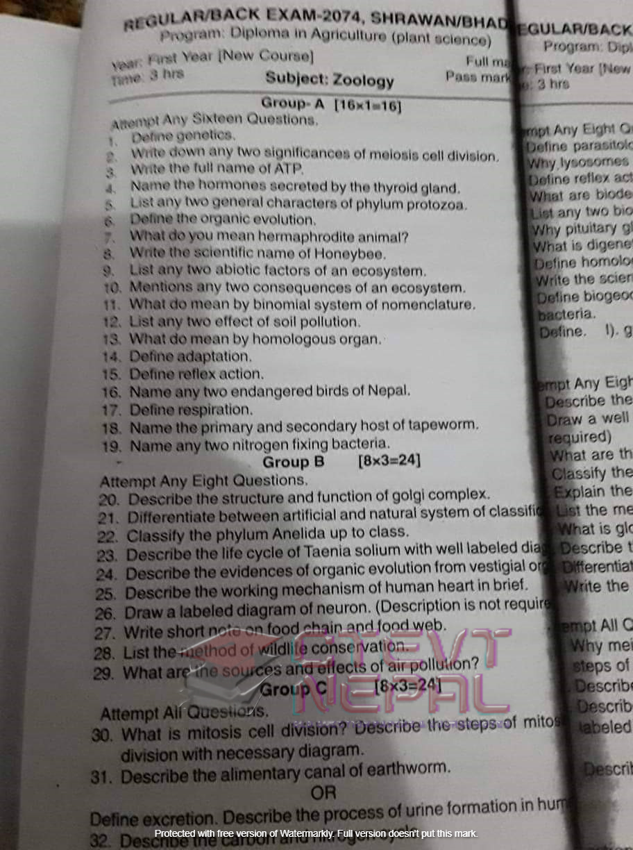 AG Zoology - 1st Year Question Papers CTEVT | Diploma in Agriculture ...