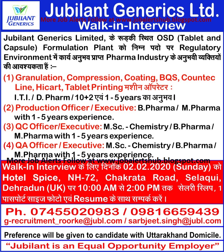 JUBILANT GENERICS LTD - Walk-In Interview on 2nd Feb 2020 for ...