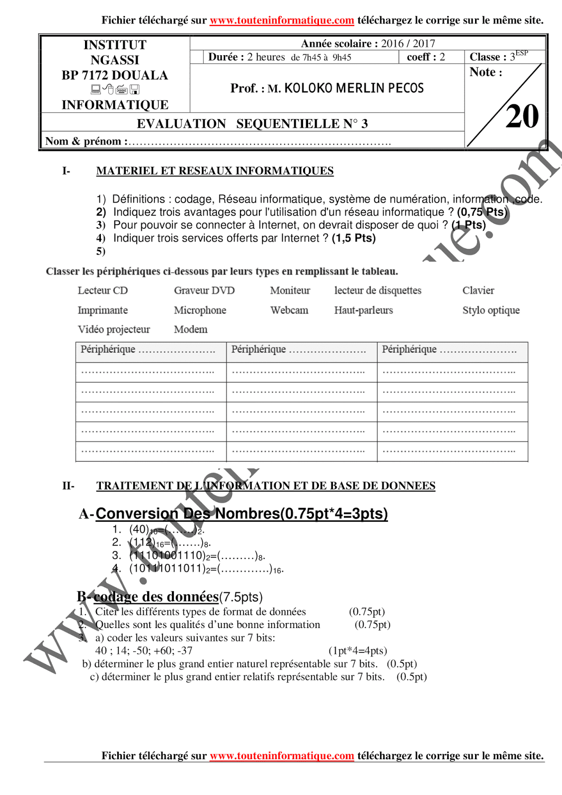 épreuve informatique classe 3ème SEQ3 2016-2017
