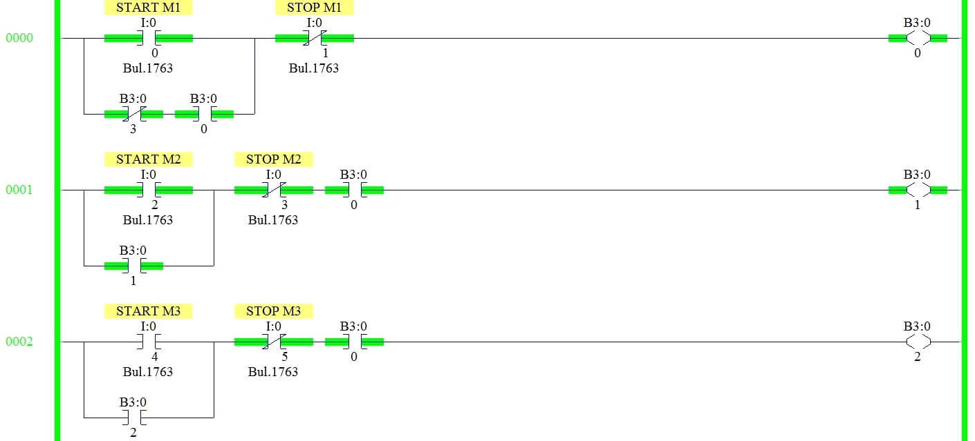 PLC Programming for 3 Motors control in Ladder logic