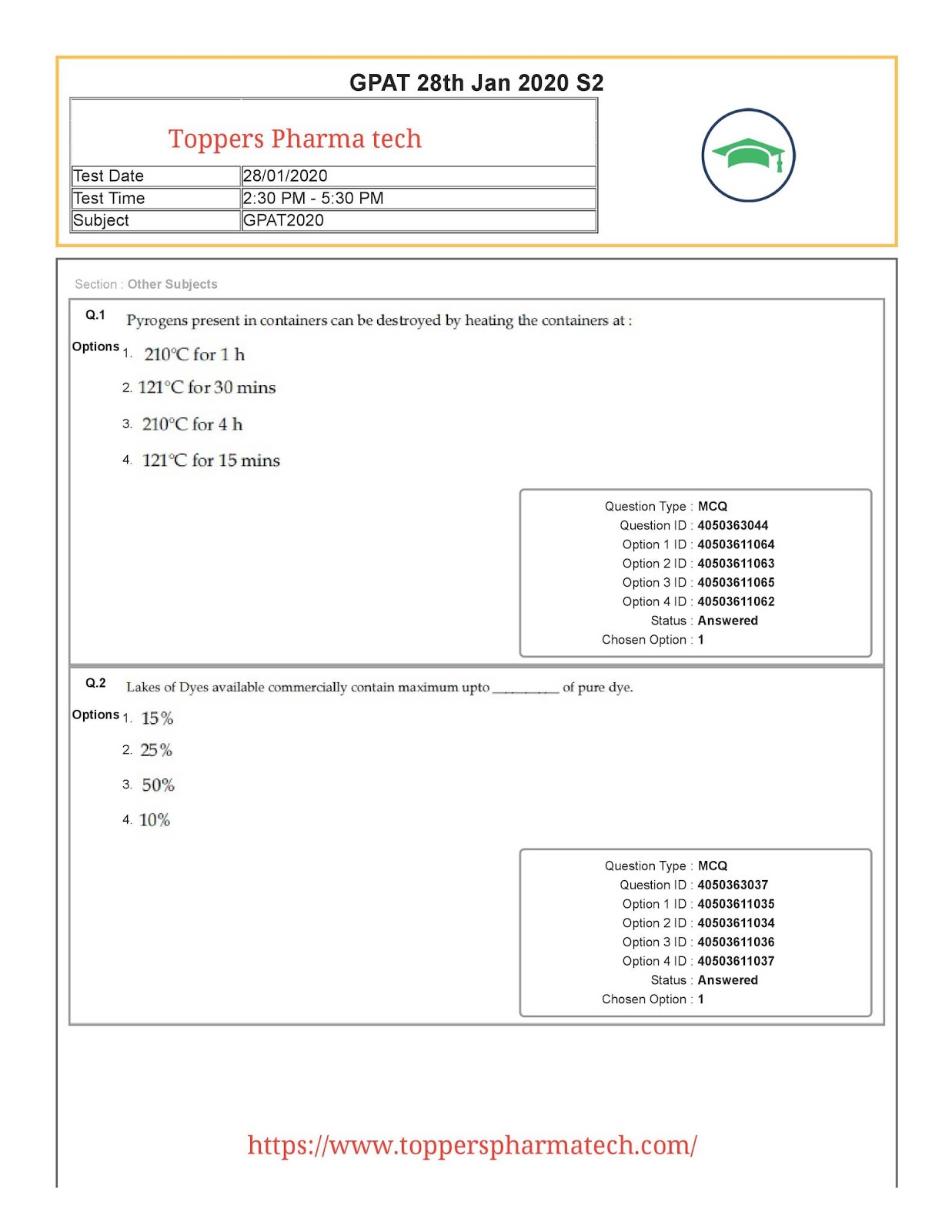 Topper's Pharma Tech: GPAT Exam 2020 Question Paper & Answer Key pdf