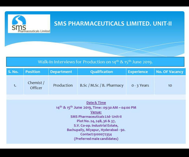SMS Pharmaceuticals Ltd Walk-In Drive for Freshers & Experienced ...