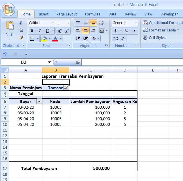 Membuat Tabel Transaksi Pembayaran di Excel