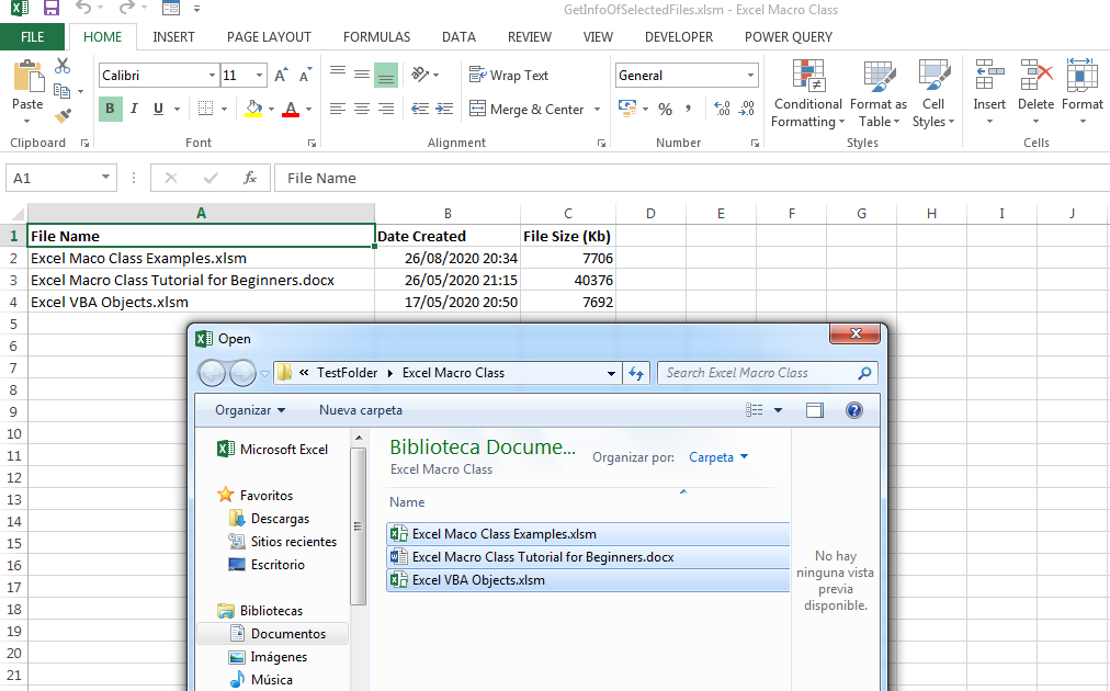 Excel Macro Class Get Info Of Selected Files Excel Vba Macro