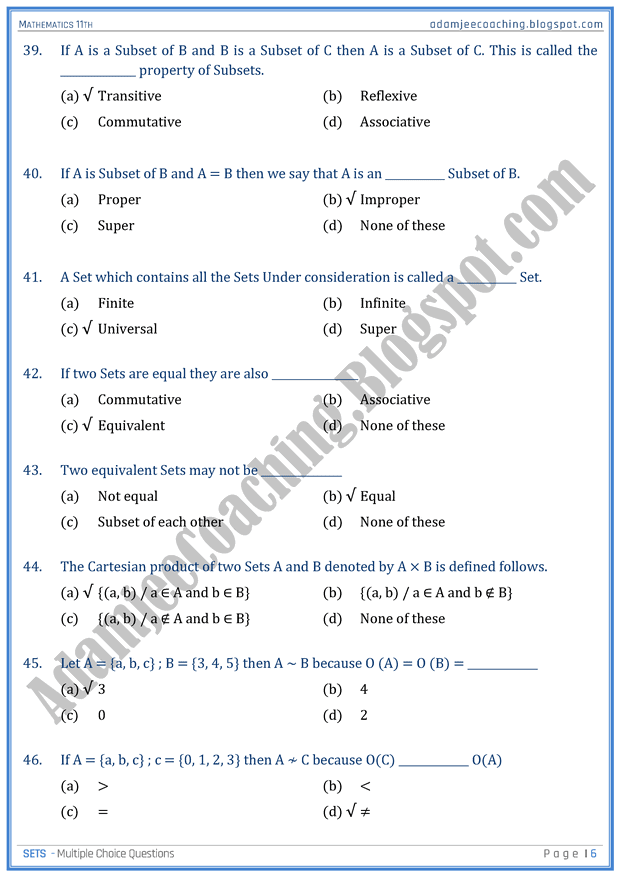 Adamjee Coaching: Sets - MCQs - Mathematics 11th