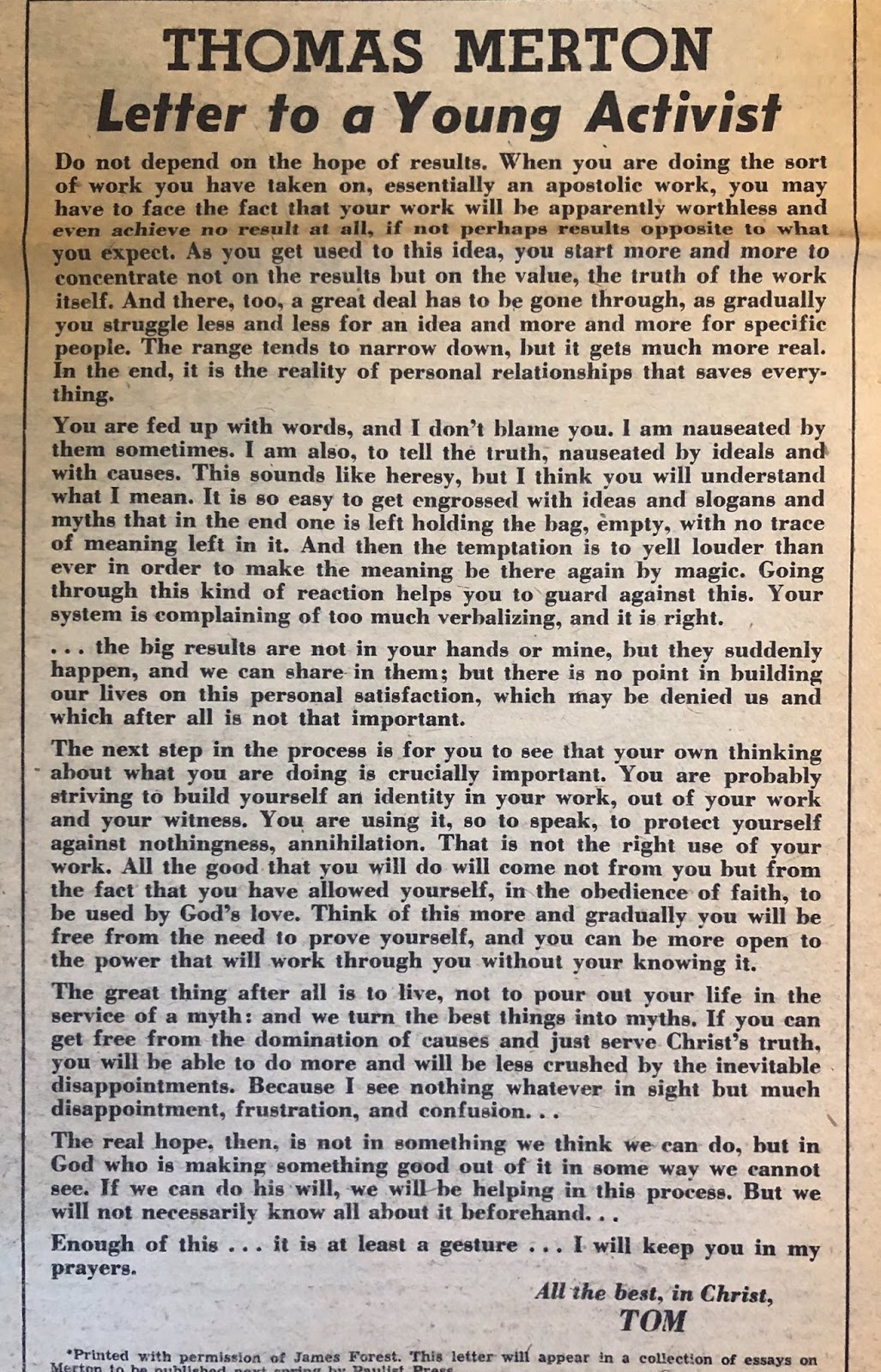 Thomas Merton - Letter to a Young Activist