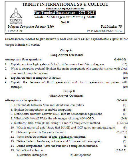 practising C, C++ and JAVA programming with examples: sample question paper for first term-2077