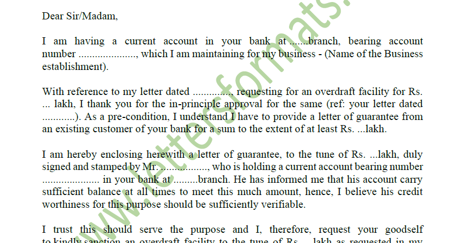 Letter to Bank Presenting a Guarantor for Overdraft (OD) Facility