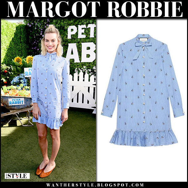 Margot Robbie in blue mini shirt dress at Peter Rabbit photocall on ...