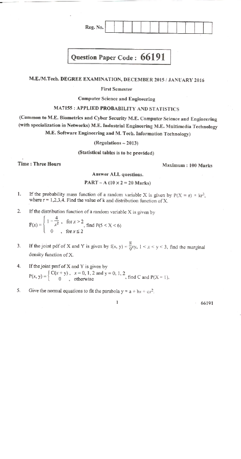 Applied probability and statistics MA7155 Nov Dec 2015 Question Paper ...