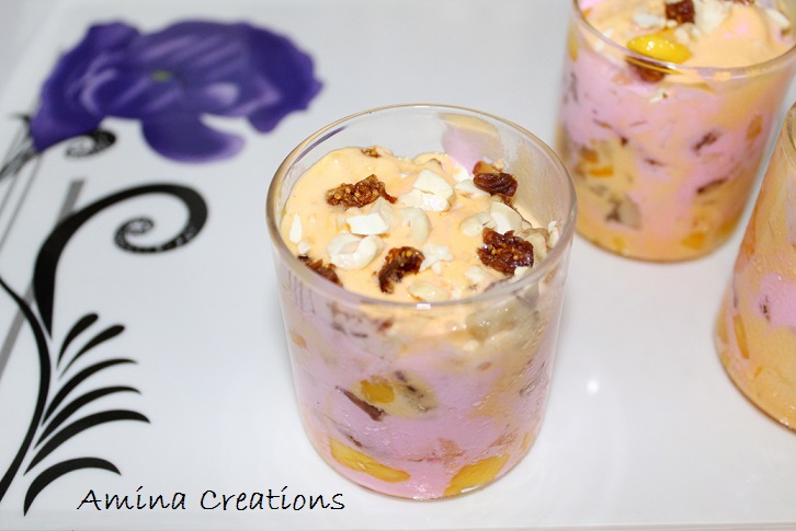 AMINA CREATIONS: TWO FLAVOURED ICE CREAM SUNDAE WITH MANGOES AND DRY FRUITS