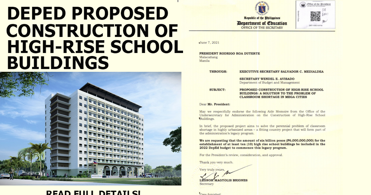 DepEd Secretary Briones proposed construction of high-rise school ...