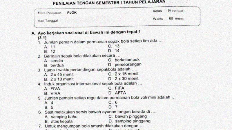 Soal dan Kunci Jawaban PTS Semester 1 Mapel PJOK Kelas 4 - SekolahDasar.Net