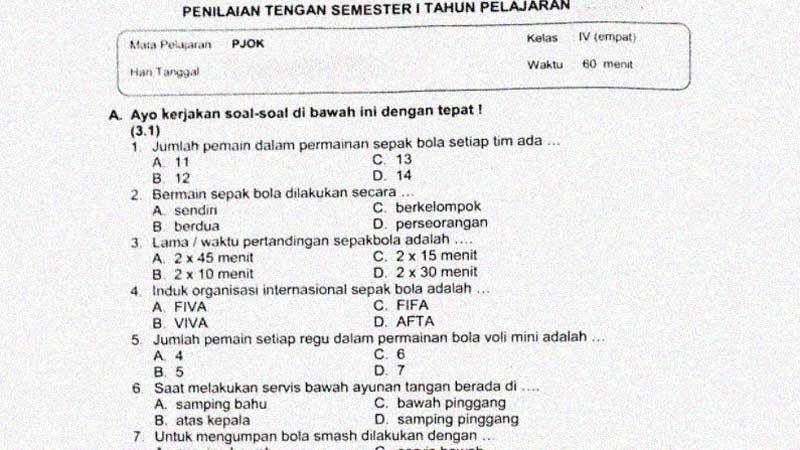 Soal dan Kunci Jawaban PTS Semester 1 Mapel PJOK Kelas 4 - SekolahDasar.Net