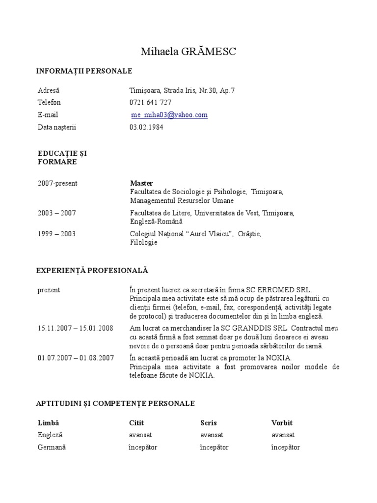 Curriculum Vitae Romana - Birthday Letter