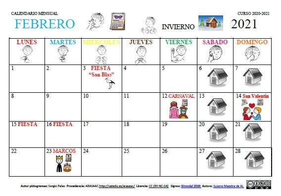 SUSANA Maestra de A.L.: Calendario mensual FEBRERO