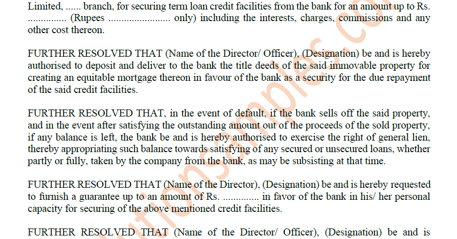 Draft Board Resolution for creating Mortgage of Property to Bank