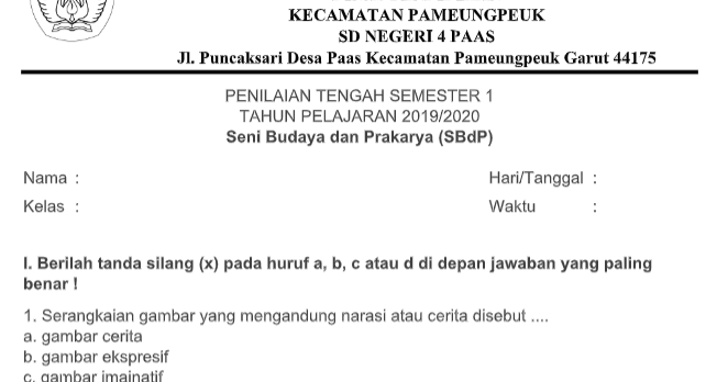 Soal UTS /PTS SBdP Kelas 5 SD Semester 1 K13 Tahun 2019 - File Guru Now